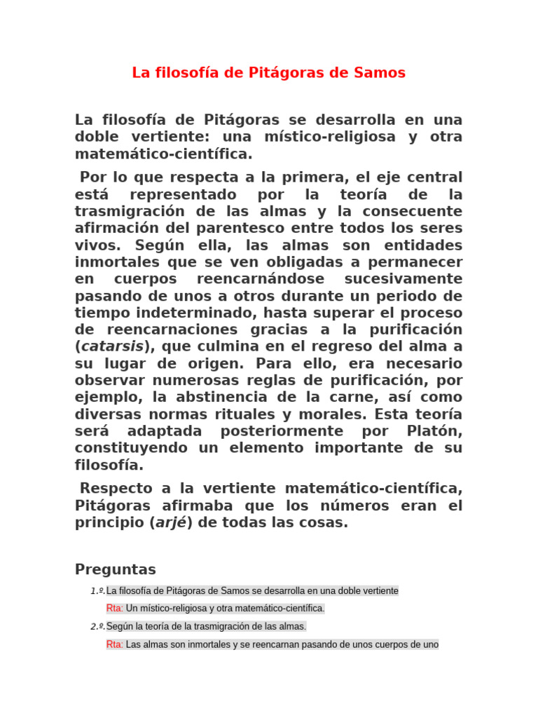 La Filosofía de Pitágoras de Samos | PDF | Alma | Pitágoras