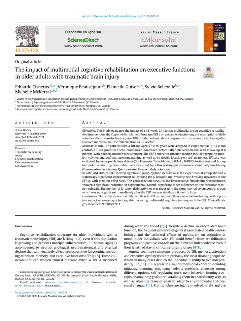 The Impact of Multimodal Cognitive Rehabilitation On Executive ... The Impact of Multimodal Cognitive Rehabilitation On Executive ...