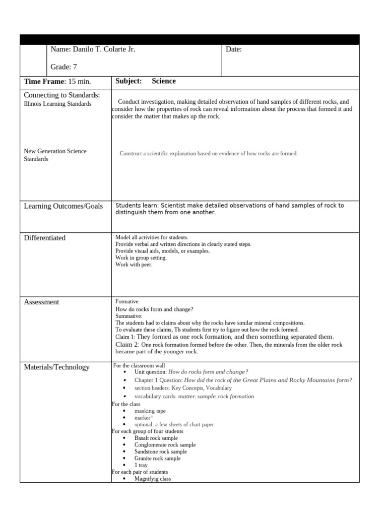 Colarte Danilo JR - Lesson Plan Science Grade 7 | PDF | Cognition | Learning