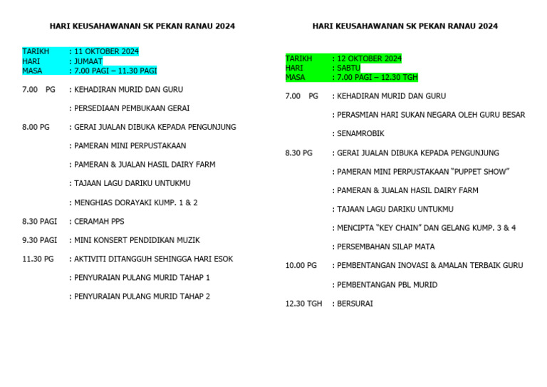 Tentatif Hari Keusahawanan SK Pekan Ranau 2024 | PDF