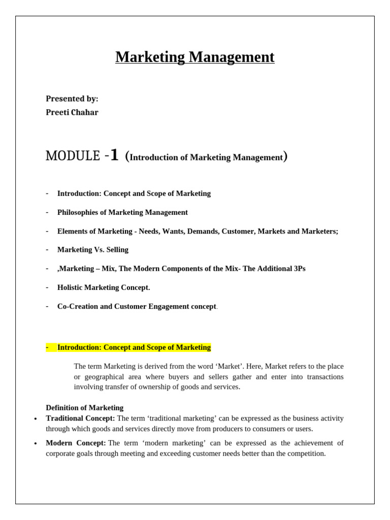 Marketing Management Complete Notes (1) - 1 | PDF | Marketing | Sales