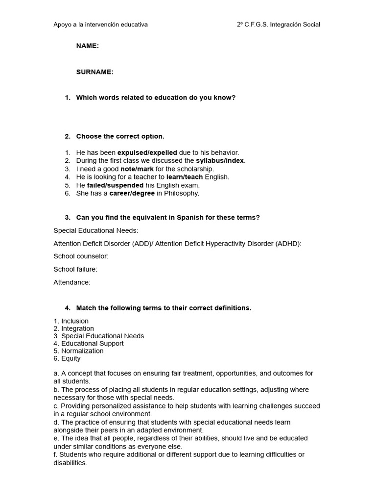 Ficha Inglés TEMA 1 AIE | PDF | Inclusion (Education) | Special Education