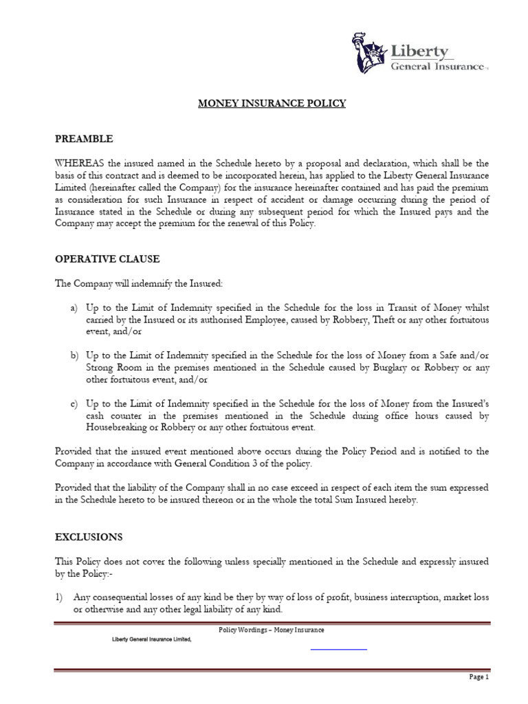 Money Insurance Policy Guide | PDF | Insurance | Indemnity