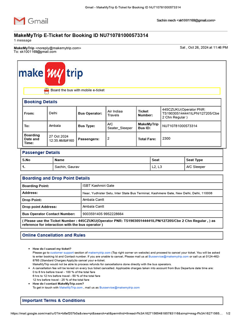 Gmail MakeMyTrip E Ticket For Booking ID NU710781000573314 PDF | PDF | Bus | Transport