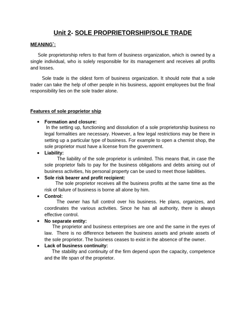 Forms of Business Organisation - NOTES | PDF | Partnership | Sole ...