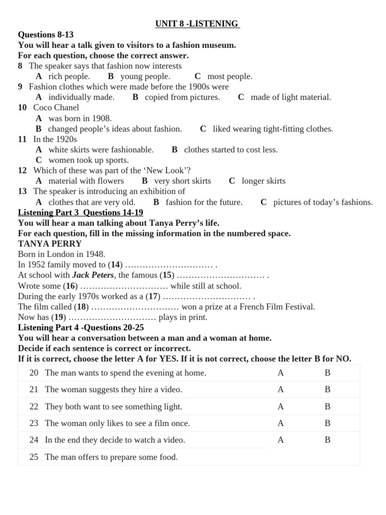 Tanya Perry Listening Test Unit 8 | PDF | Art