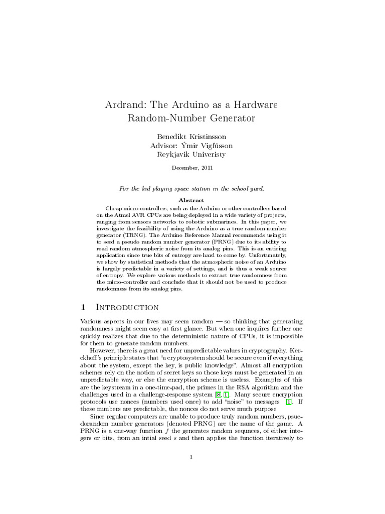 Arduino as a Random Number Generator | PDF | Randomness | Computer Science
