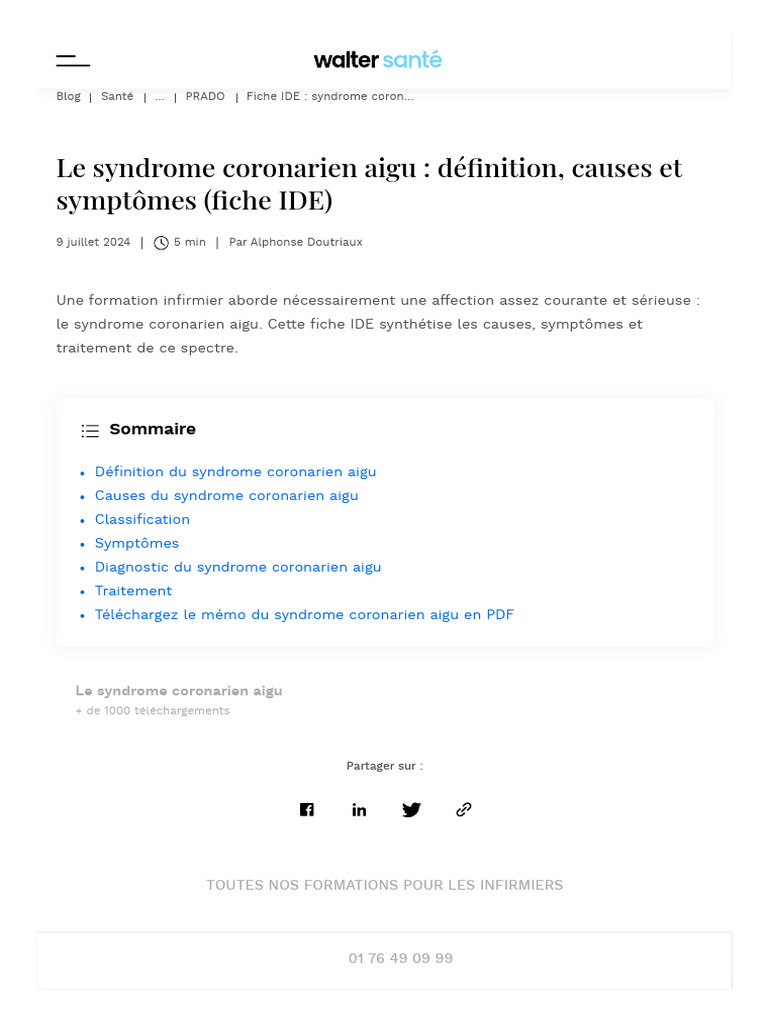 Fiche IDE : Syndrome Coronarien Aigu | PDF | Angioplastie coronaire ...