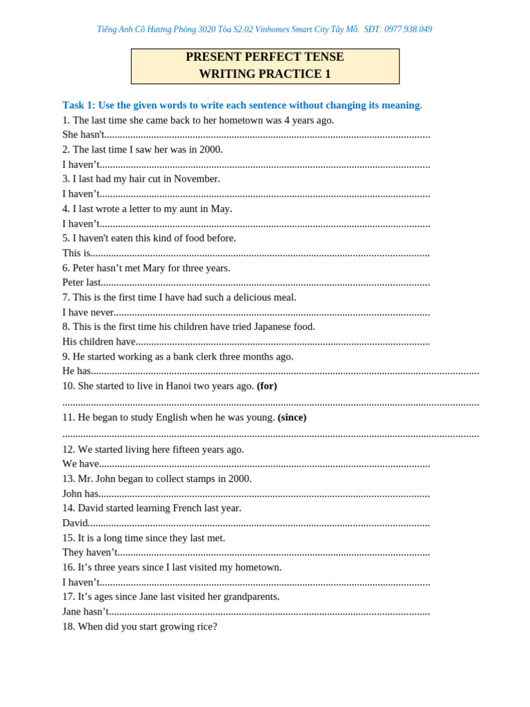 1 Present Perfect Writing 1 | PDF