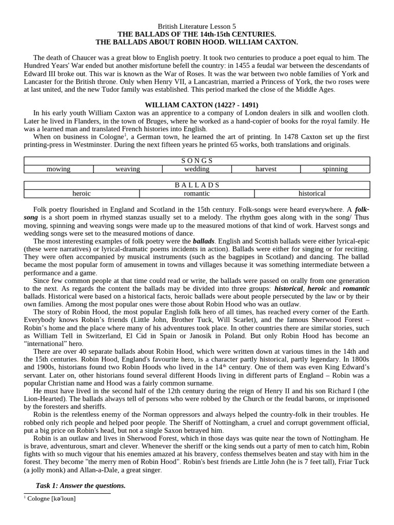 Lesson 5 | PDF | Robin Hood | Ballad
