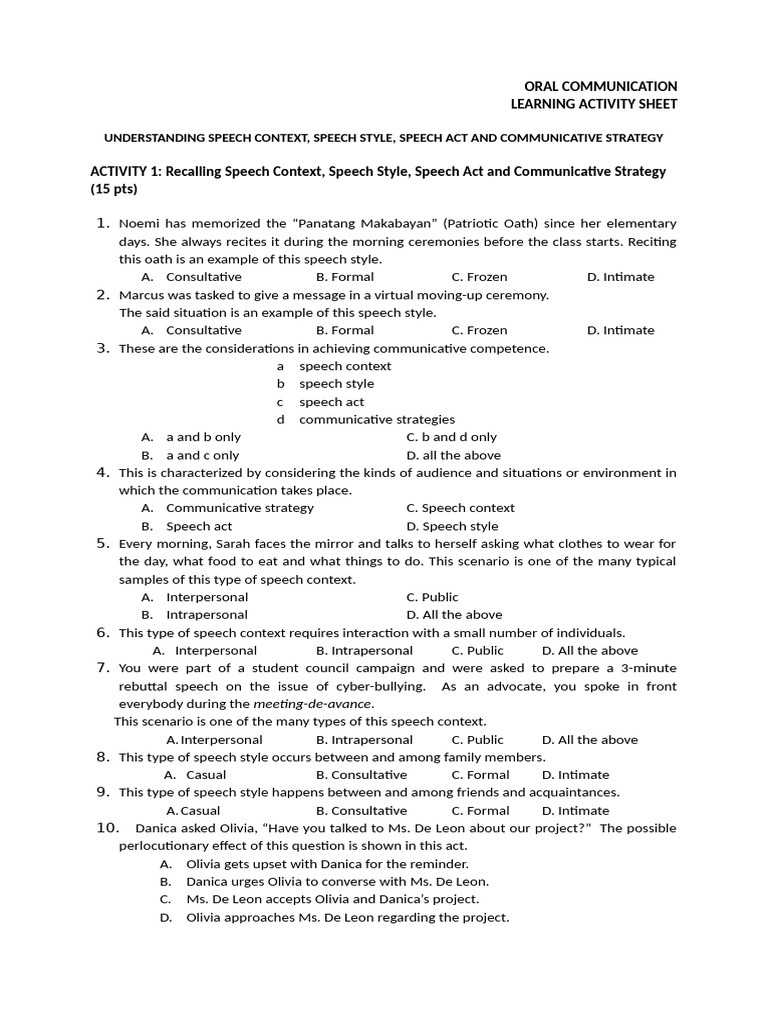 Learners Activity Sheet Oral Communication | PDF | Communication ...