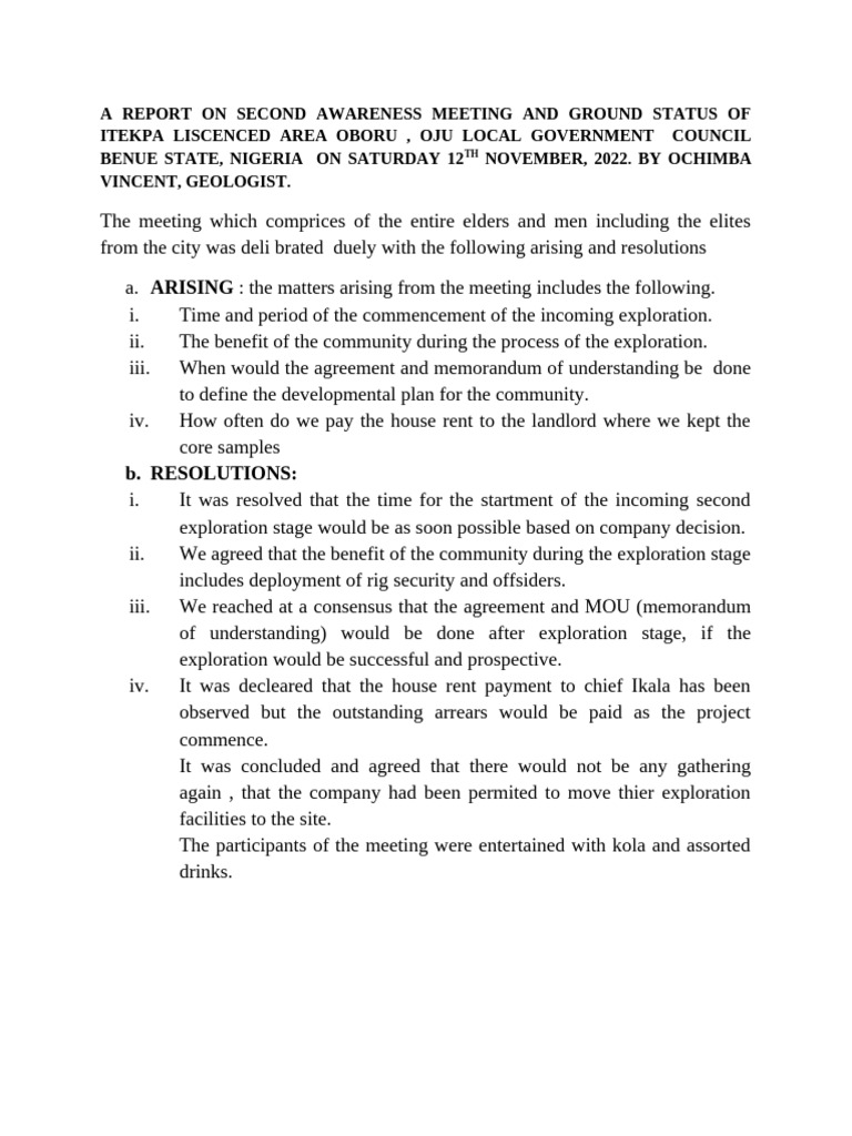 A Report On Second Awareness Meeting and Ground Status of Itekpa ...