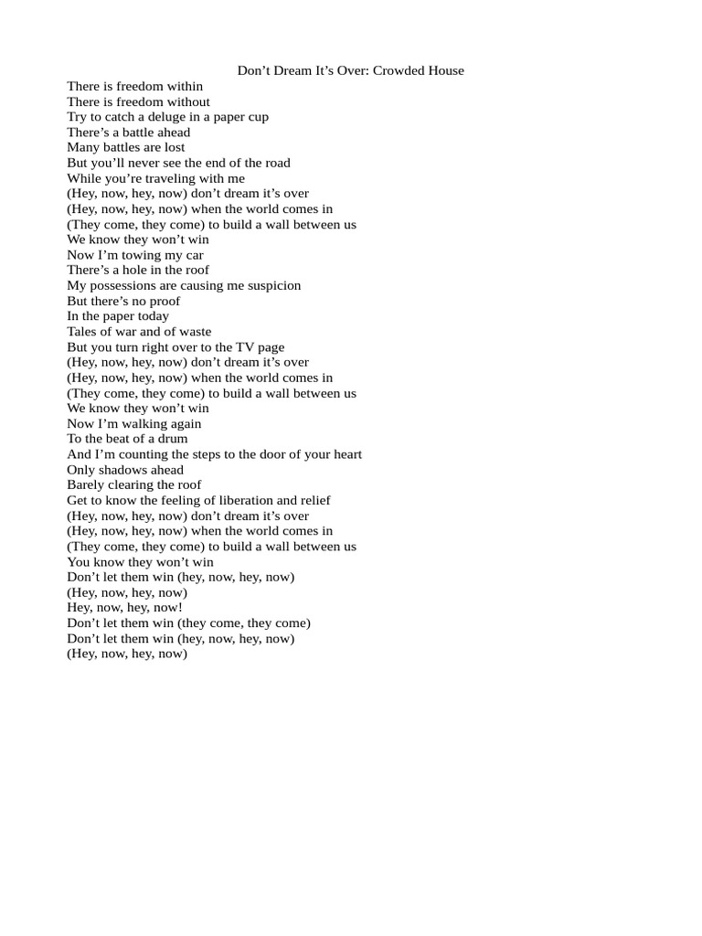 Crowded House: Don't Dream It's Over Lyrics | PDF | Art | Poetry