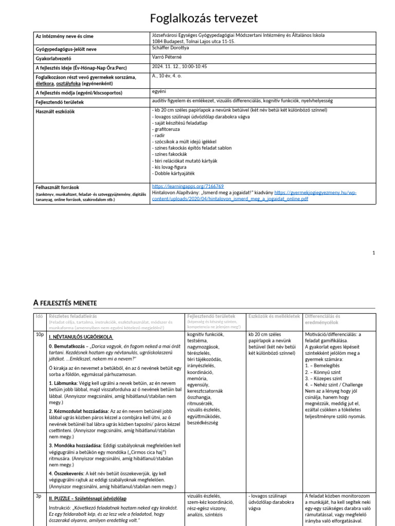 Fejlesztő Foglalkozás Tervezet - 4. Osztály | PDF