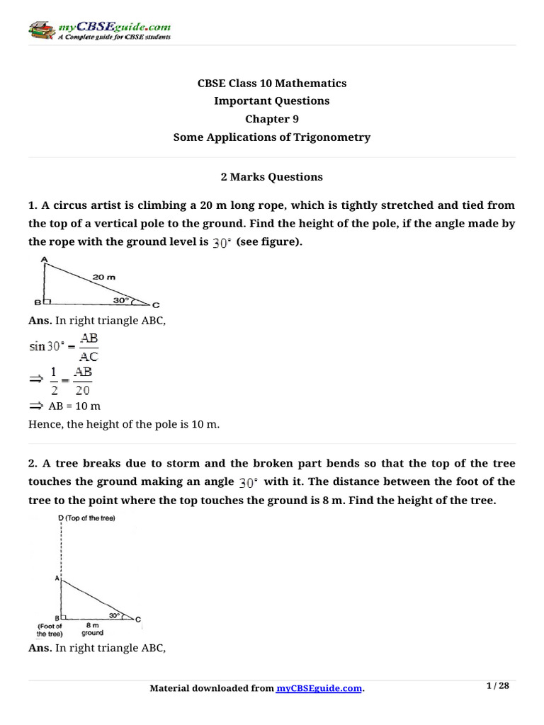 Some Applications of Trigonometry 2 Marks | PDF | Triangle | Jet Aircraft
