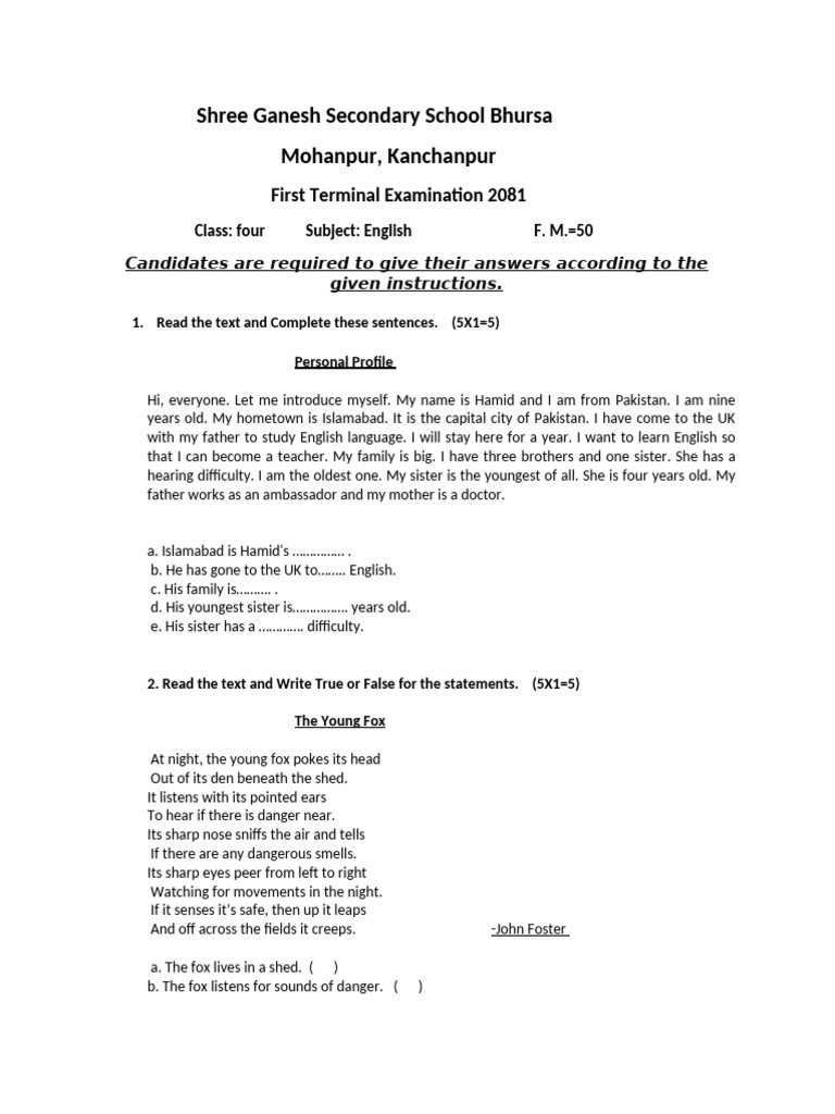 Class 4 English First Terminal Exam 2081 | PDF