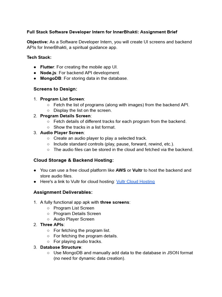 Full Stack Software Developer Intern For InnerBhakti - Assignment Brief (1) - 1 | PDF