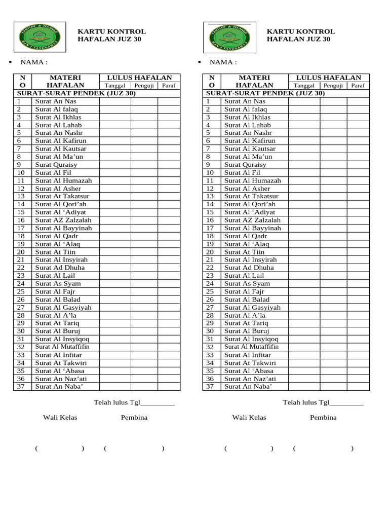 Kartu Kontrol Hafalan JUZ 30 | PDF