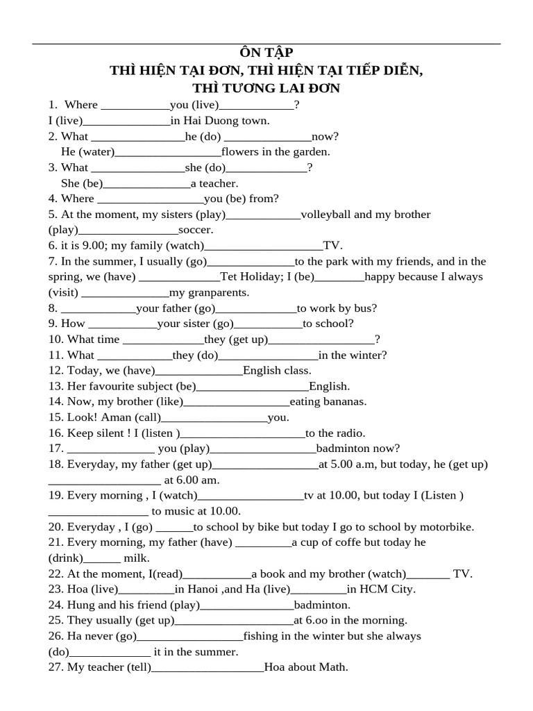 Bai Tap Chia Thi Hien Tai Don Hien Tai Tiep Dien Tuong Lai Don | PDF