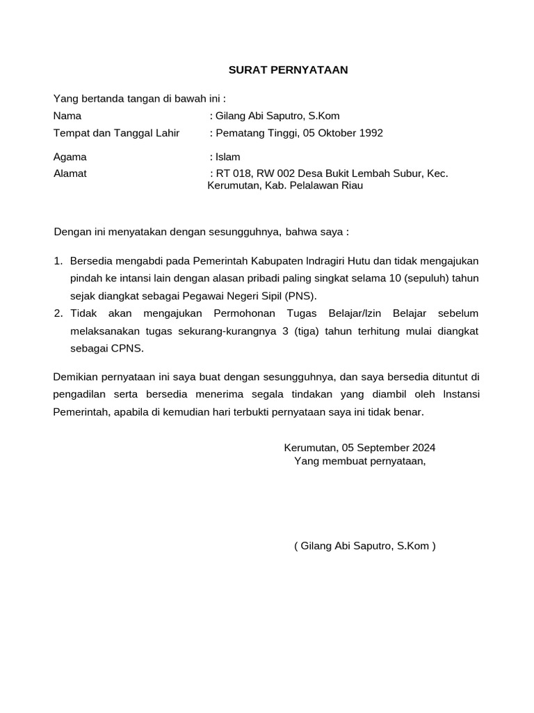 Surat Pernyataan Bersedia Mengabdi Fix | PDF