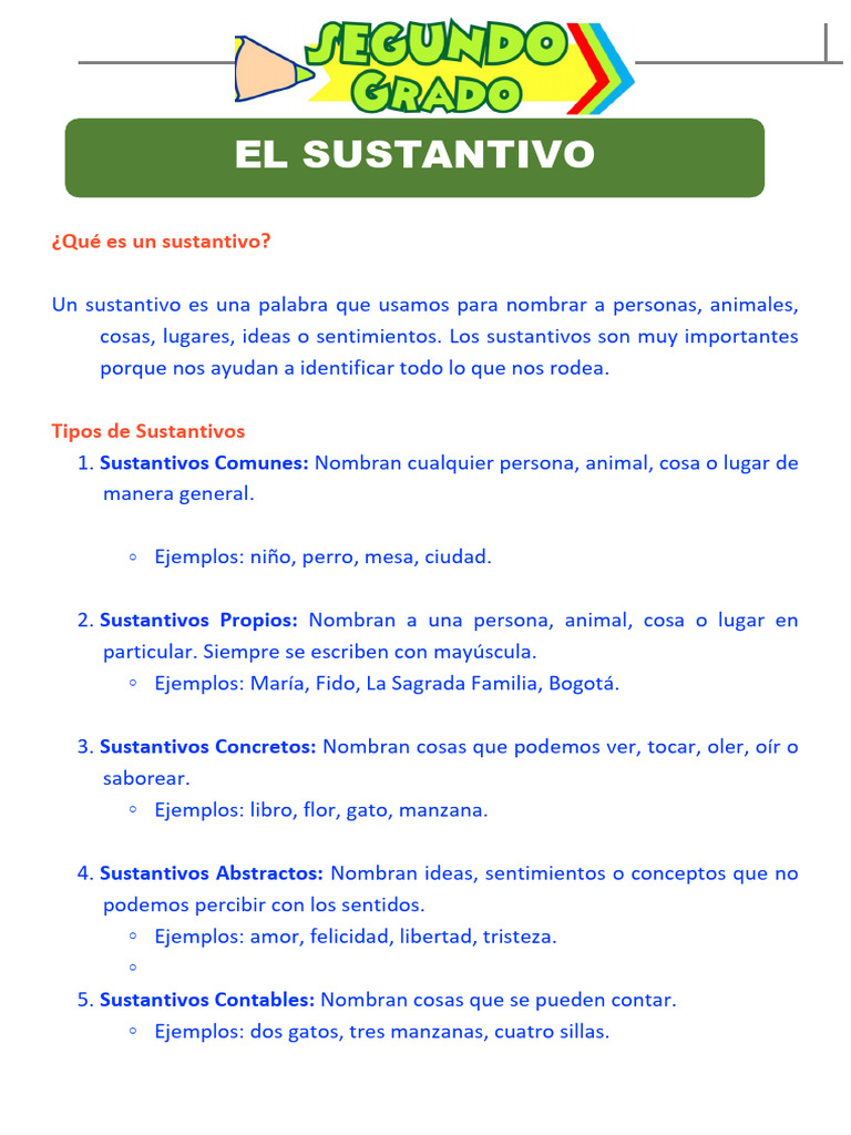 Clases de Sustantivo para Segundo Grado de Primaria | PDF | Sustantivo