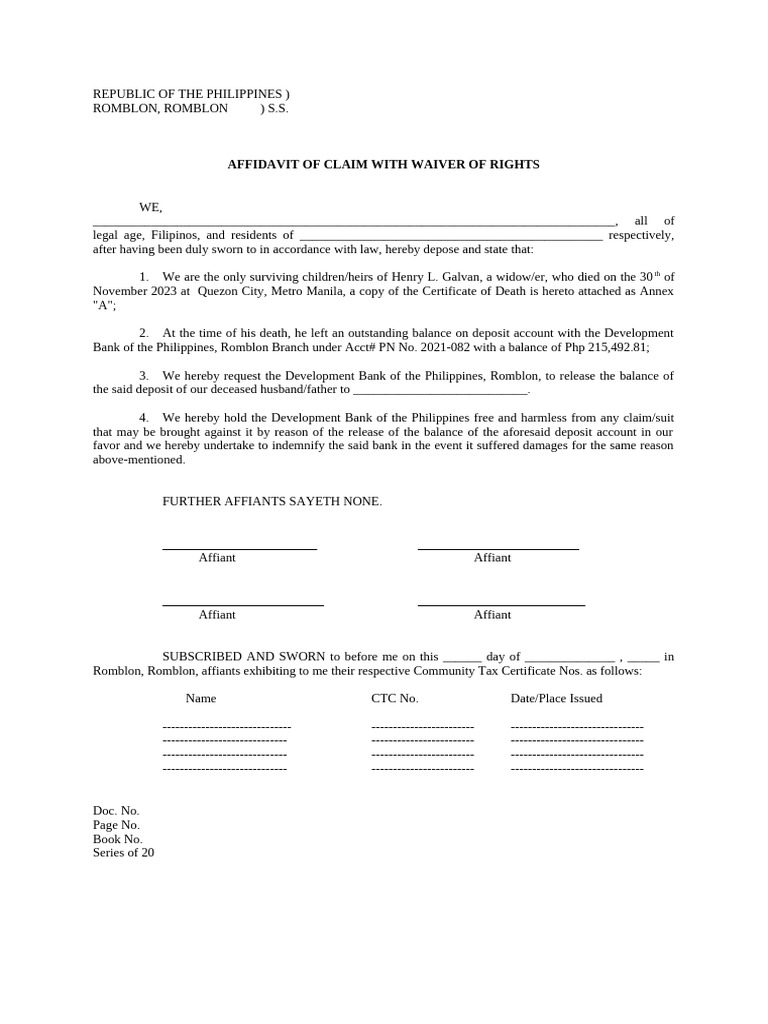 Affidavit of Claim and Waiver Rights | PDF | Affidavit | Evidence