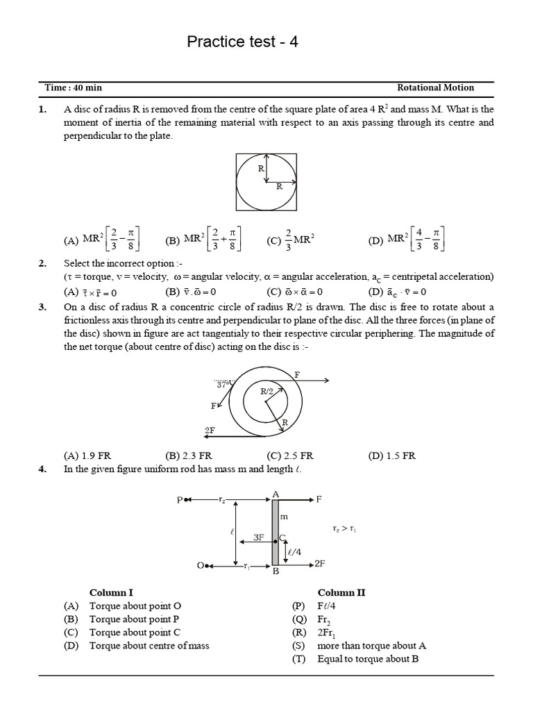 Rotational Motion Practice Test - 4 | PDF | Rotation Around A Fixed ...