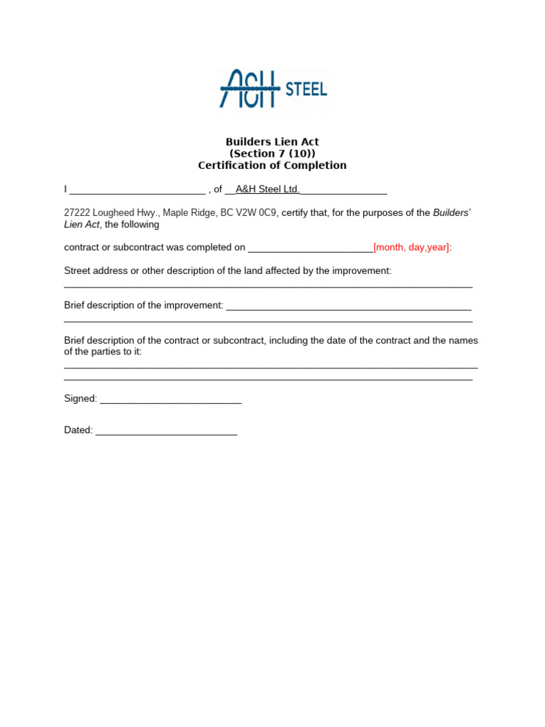 A&H Steel - Substantial Completion Form | PDF