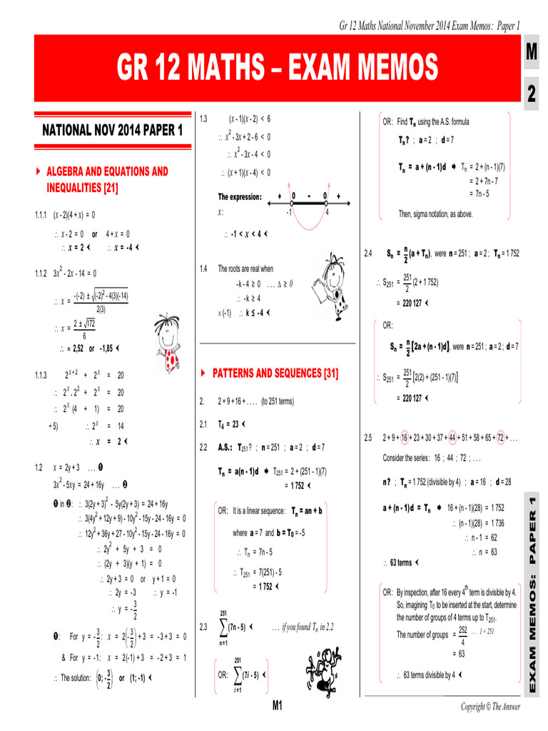 Grade 12 Maths Nov 2014 Paper 1 Memo | PDF | Mathematical Relations ...