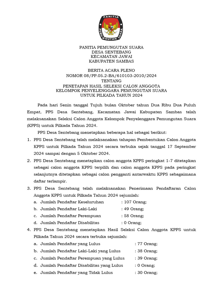 Berita Acara PPS Penetapan Hasil Seleksi KPPS | PDF
