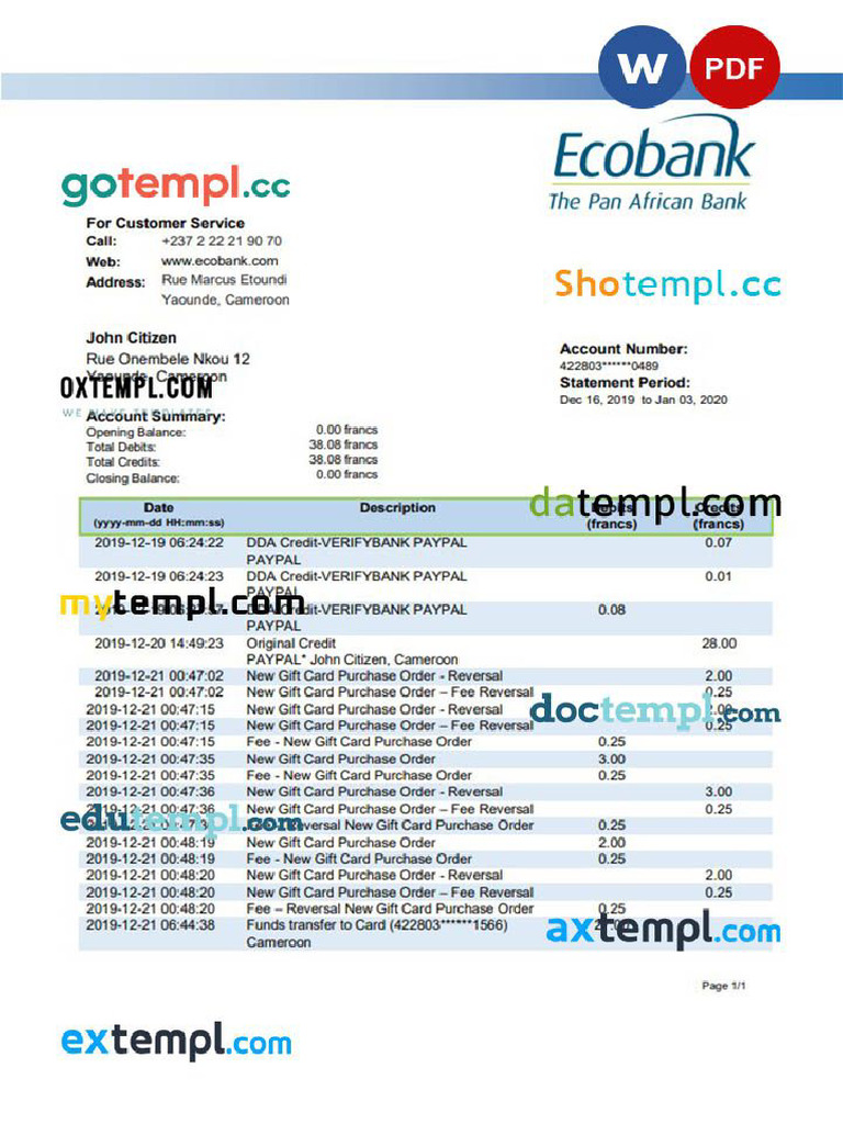 Doctempl - Cameroon Ecobank Bank Statement Word and PDF Format | PDF