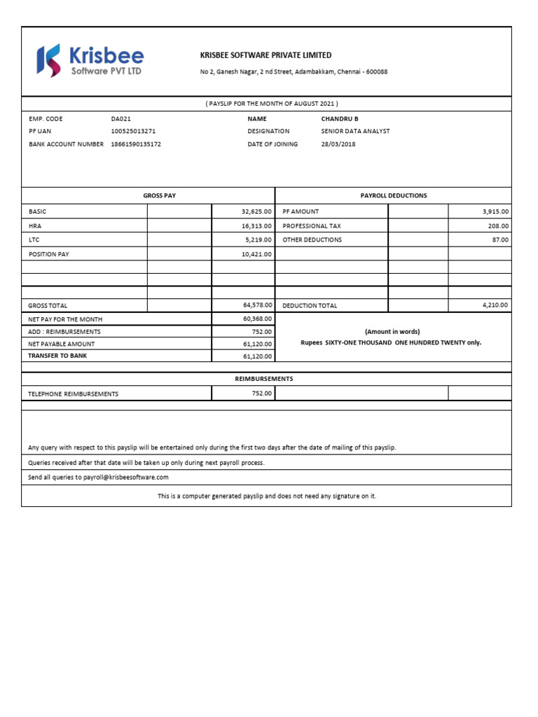 Chandru_Aug_ Payslip | PDF | Payroll | Paycheck Chandru_Aug_ Payslip | PDF | Payroll | Paycheck