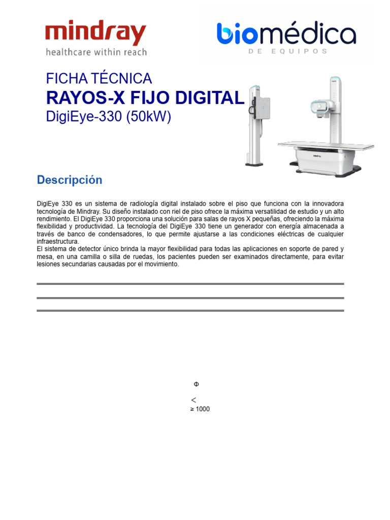 Ficha Tecnica RX Digital Directo Mindray Digieye 330 | PDF | Rayo X