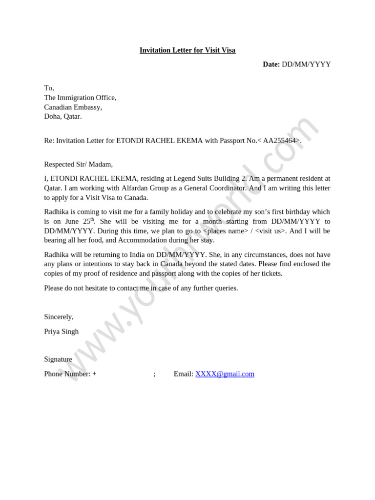 Invitation Letter Sample - Canada | PDF