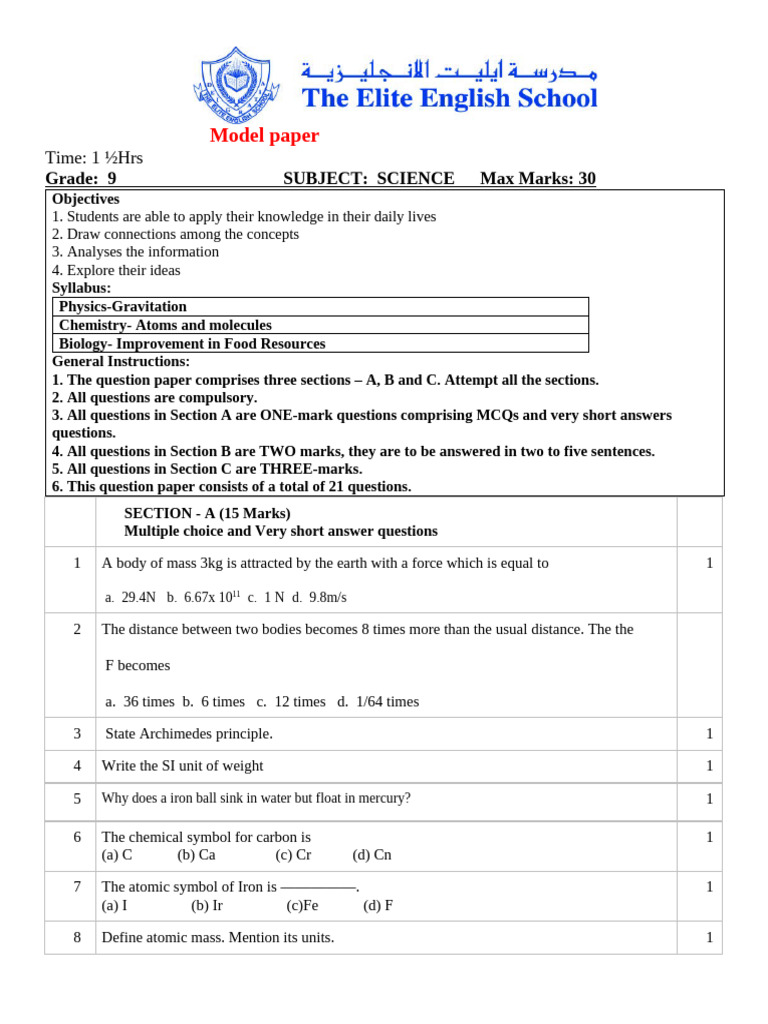 Grade 9 Science Unit Test Model Paper | PDF | Multiple Choice | Chlorine