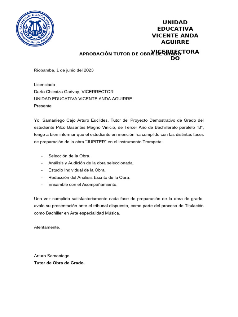 Oficio de Aprobación Tutor Obra de Grado | PDF