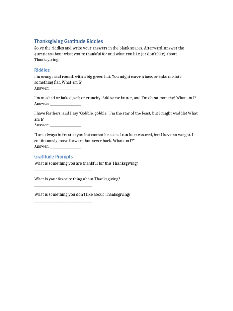 Thanksgiving Riddles and Prompts | PDF | Self-Improvement | Lifestyle