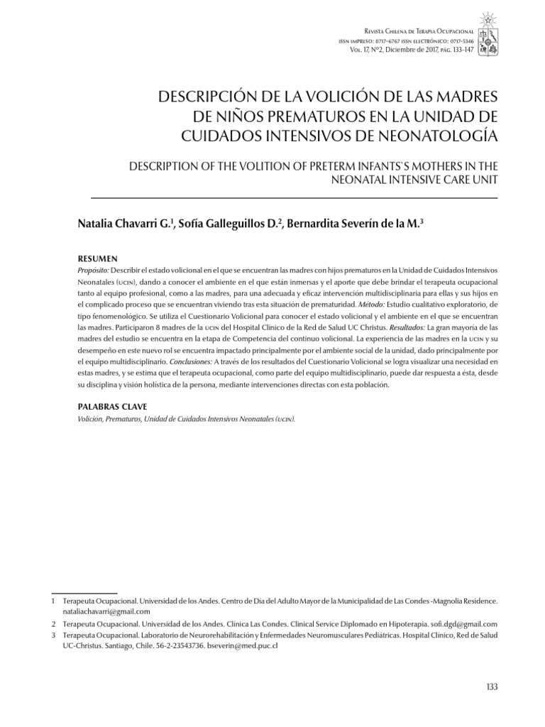 Descripción de La Volición de Las Madres de Niños Prematuros en La ...