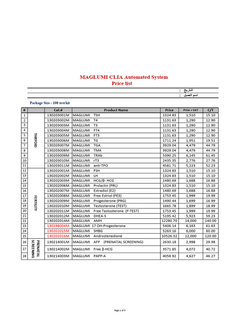 Maglumi Price List (100T) | PDF | Endocrine System | Endocrinology