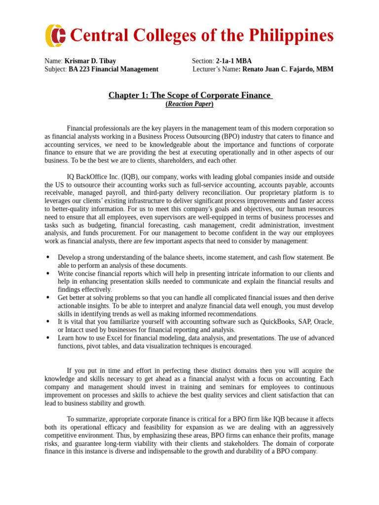 BA 223 Chapter 1 - Midterm Reaction Paper | PDF | Financial Analyst | Outsourcing