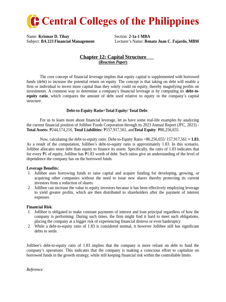 BA 223 Chapter 12 - Midterm Reaction Paper | PDF | Debt | Equity (Finance)