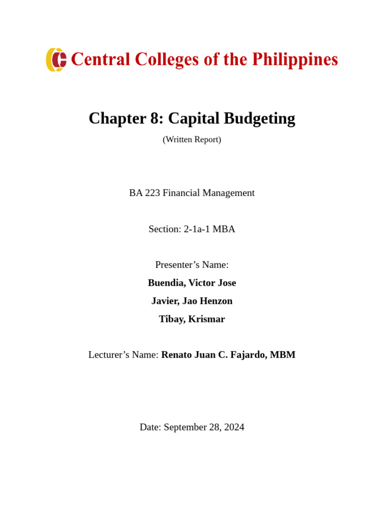 Chapter 8 Capital Budgeting-Written Report (Buendia, Javier, Tibay) | PDF | Net Present Value ...