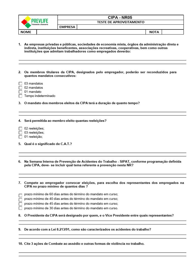 Teste de Aproveitamento CIPA - NR05 | PDF