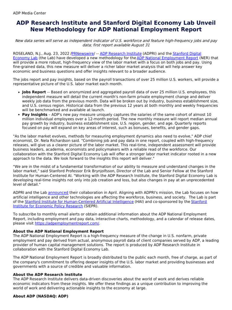 2022 08 23 ADP Research Institute and Stanford Digital Economy Lab Unveil New Methodology For ...