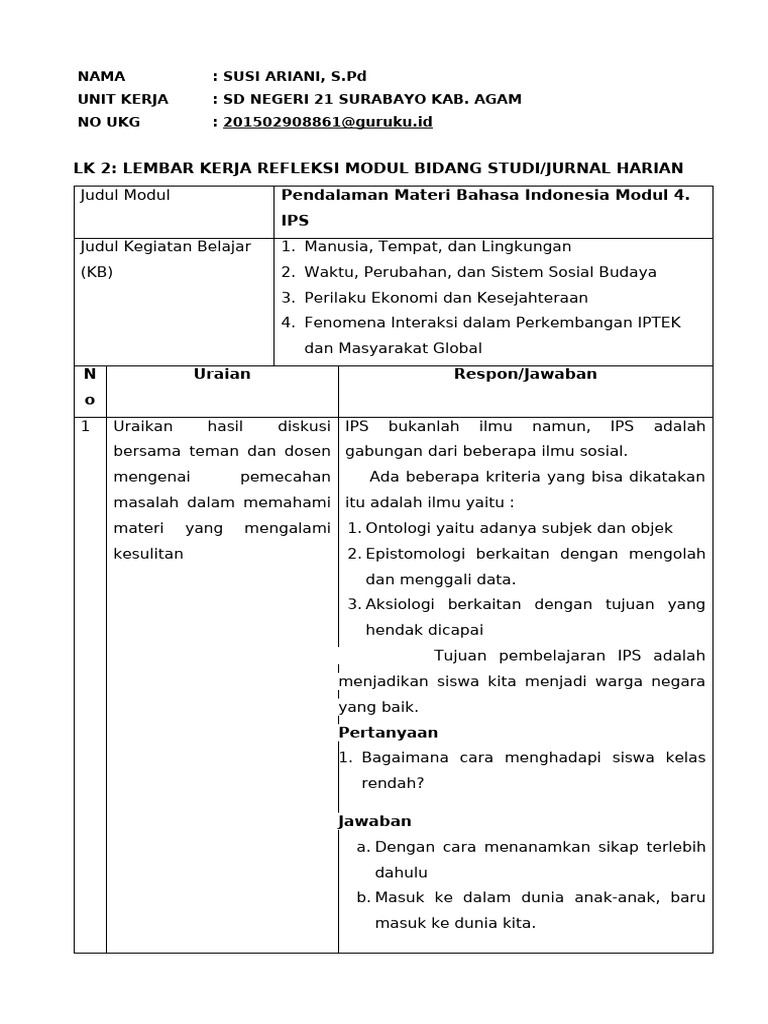 LK 2 Refleksi Modul Bidang Studi - Jurnal Harian IPS-Susi Ariani | PDF