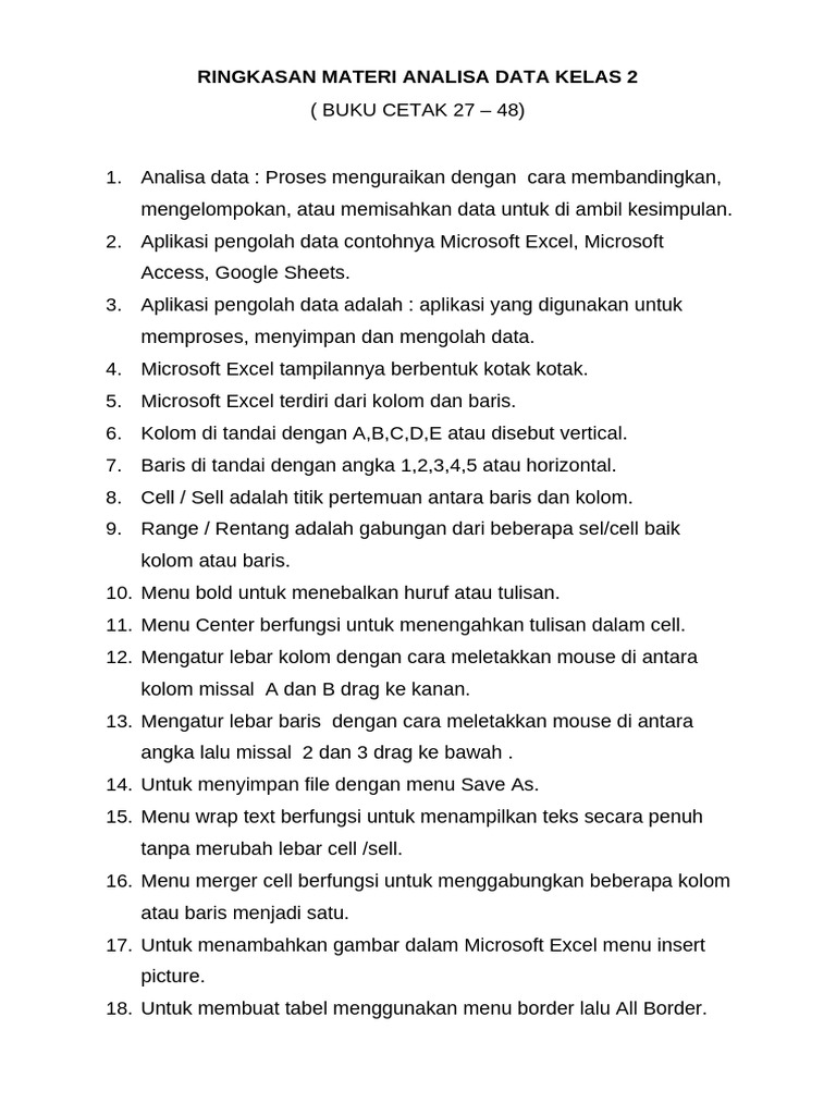 Ringkasan Materi Analisa Data Kelas 2 | PDF | Metode & Bahan Ajar