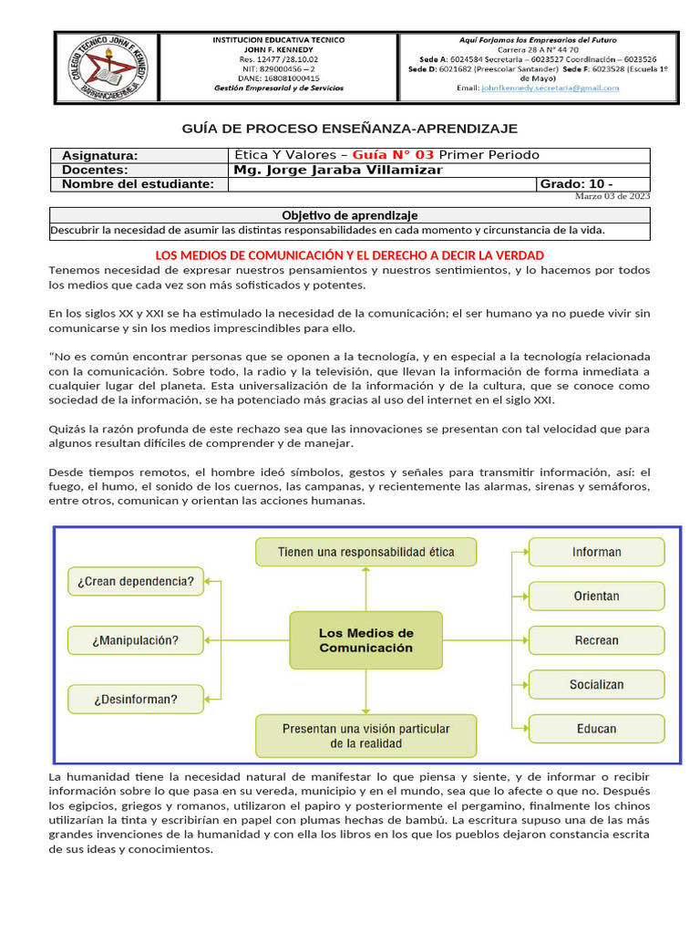 Guía N°03 Ética y Valores - Medios de Comunicación - Grado 10 - 02 JFK 2023 | PDF | Medios de ...