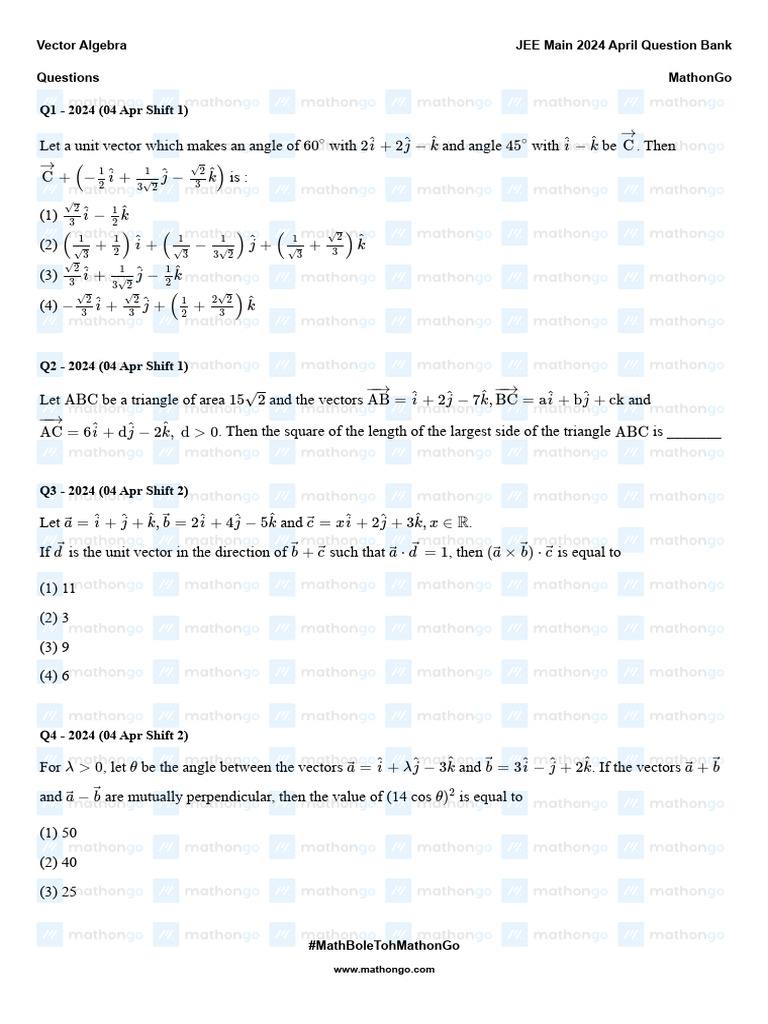 JEE Main 2024 Vector Algebra Questions | PDF | Area | Algebra