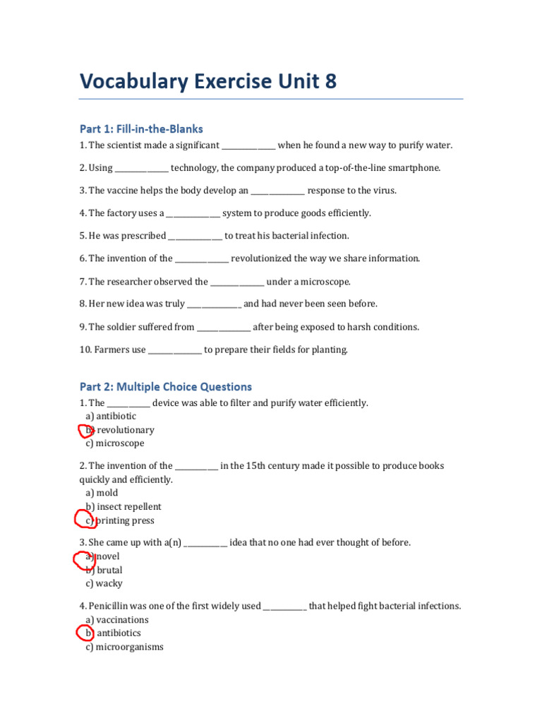 Vocabulary - Exercise - Unit 8 | PDF | Infection | Antimicrobial Resistance