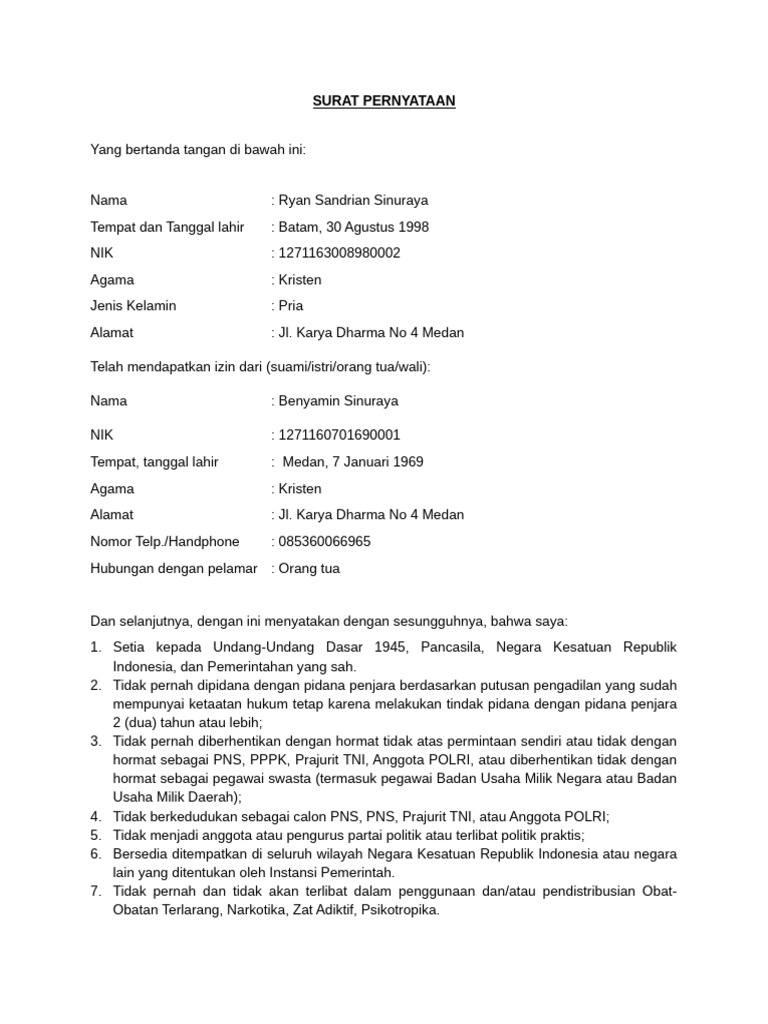 Surat Pernyataan Ryan Sandrian | PDF | Politik | Hukum